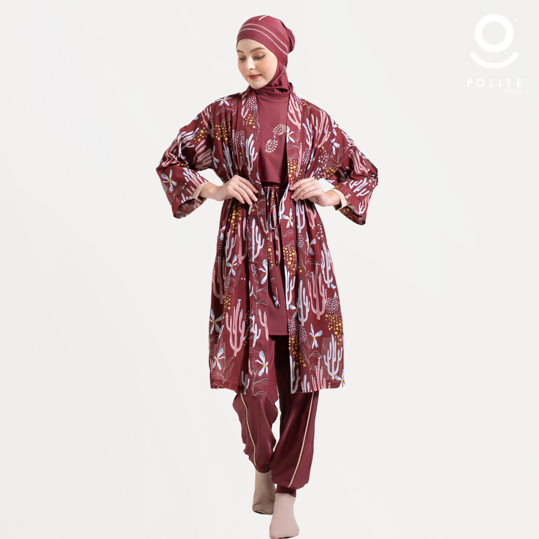 Baju Renang Muslimah Premium - OUTER BEAUTIFUL SEA MAROON